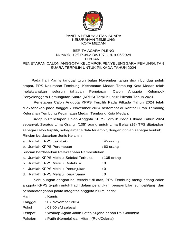 0 Berita Acara Pps Penetapan Kpps Terpilih_tembung Final | PDF