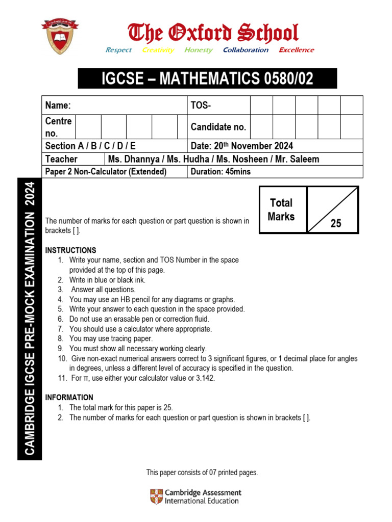 2024 IGCSE Maths Pre-Mock Exam Paper | PDF | Mathematics