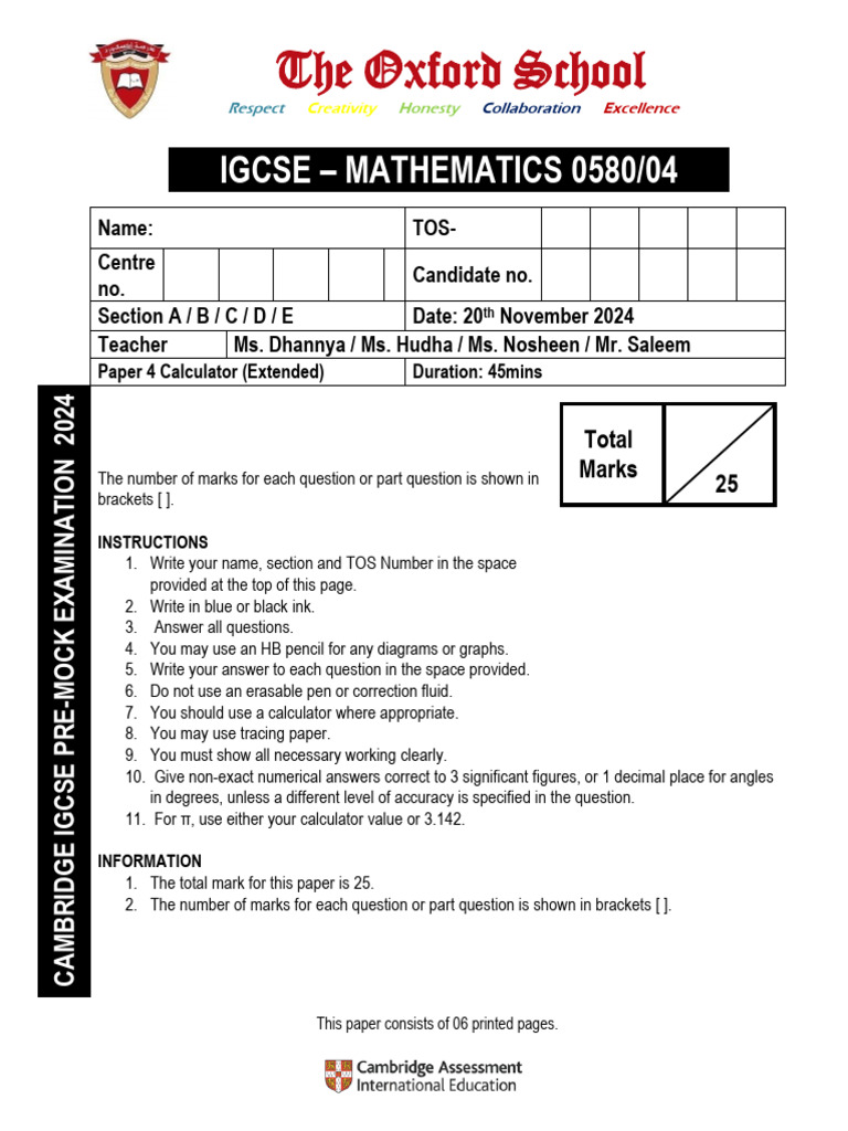 IGCSE Mathematics Mock Exam 2024 | PDF | Mathematics