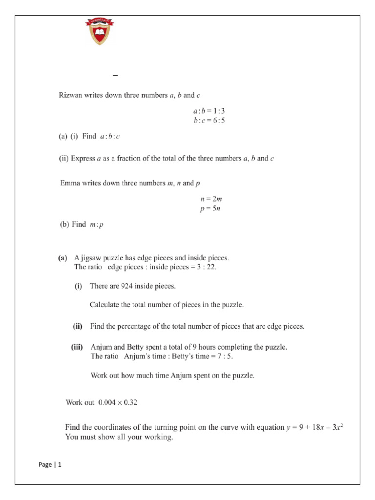 Yr.11 - Maths - Term 1 Revision Worksheet NC | PDF