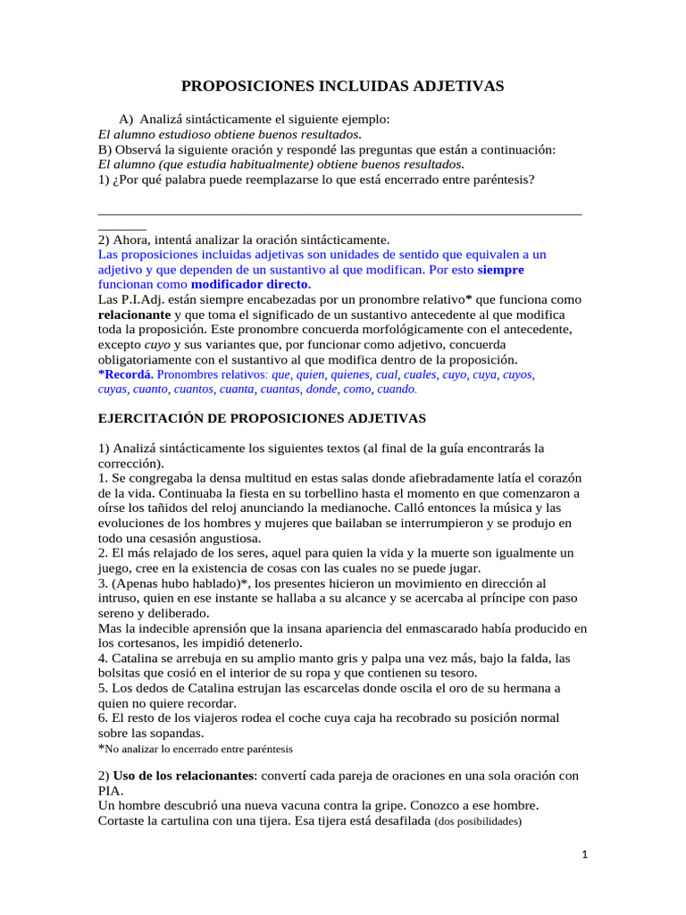 Proposiciones Incluidas Adjetivas y Sustantivas Teoría y Ejercitación ...