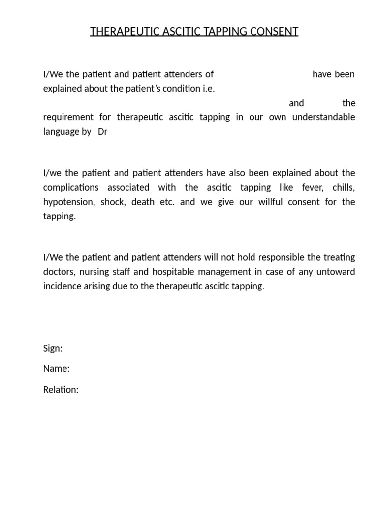 Consent for Therapeutic Ascitic Tapping | PDF