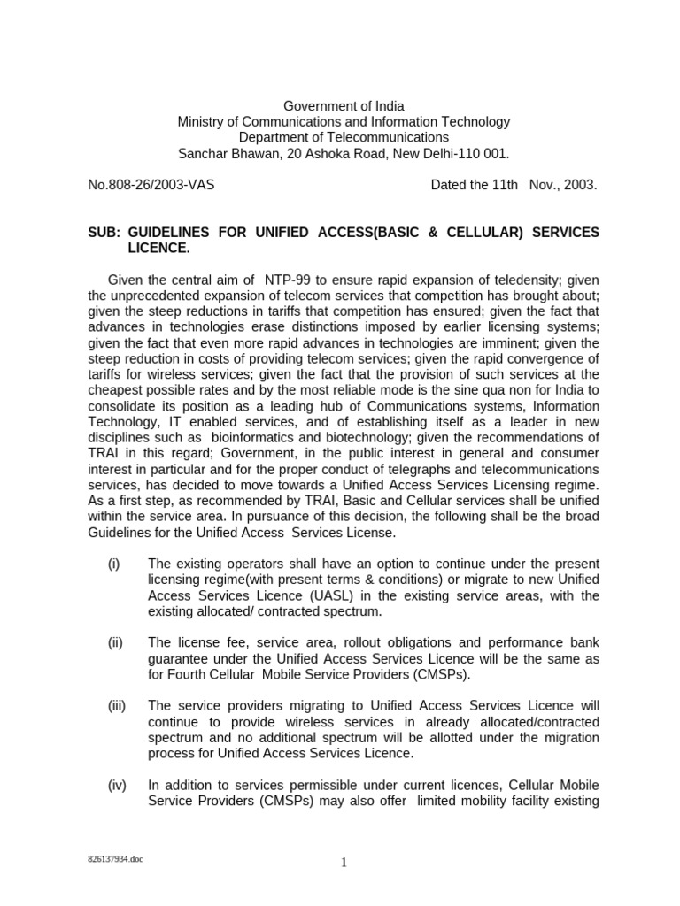 India DOT 2003 GUIDELINES FOR UNIFIED ACCESS (BASIC & CELLULAR) SERVICES LICENCE | PDF | License ...