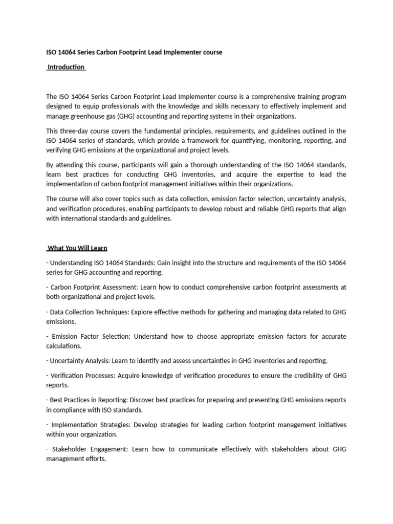 ISO 14064 Series Carbon Footprint Lead Implementer Course | PDF ...
