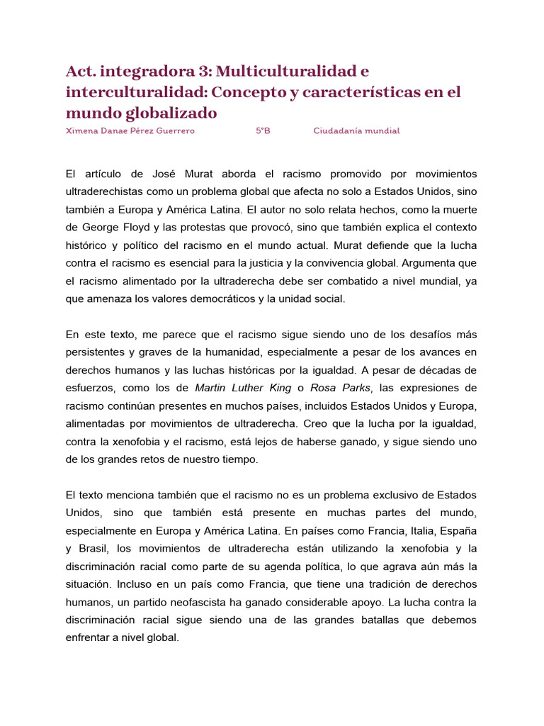 U3 - Act - Integradora - Pérez Guerrero - Ximena Danae | PDF | Racismo | Discriminación y ...