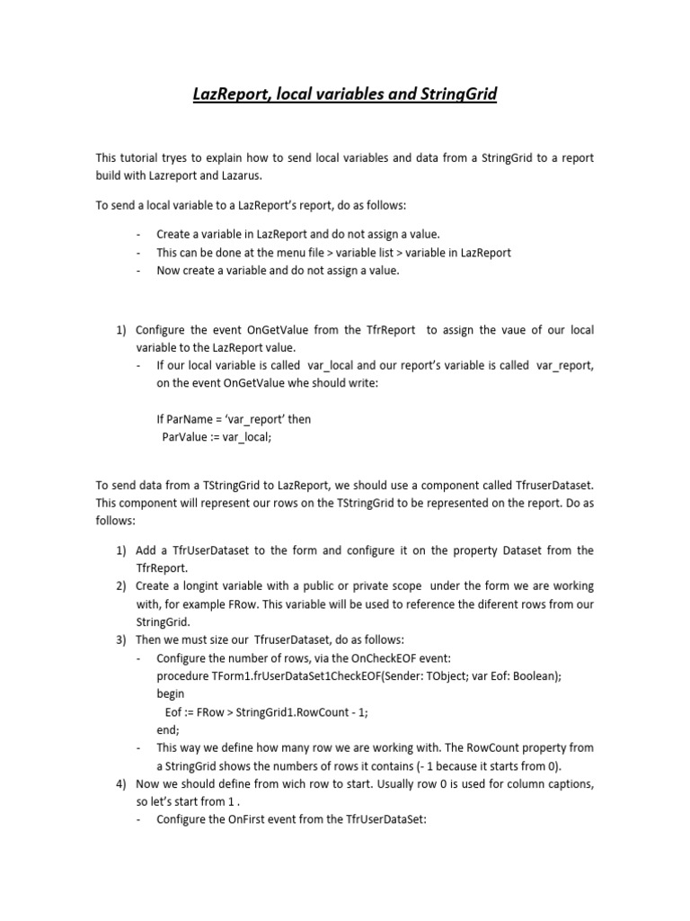 Tutorial LazReport and StringGrid | PDF | Computer Programming | Software Engineering