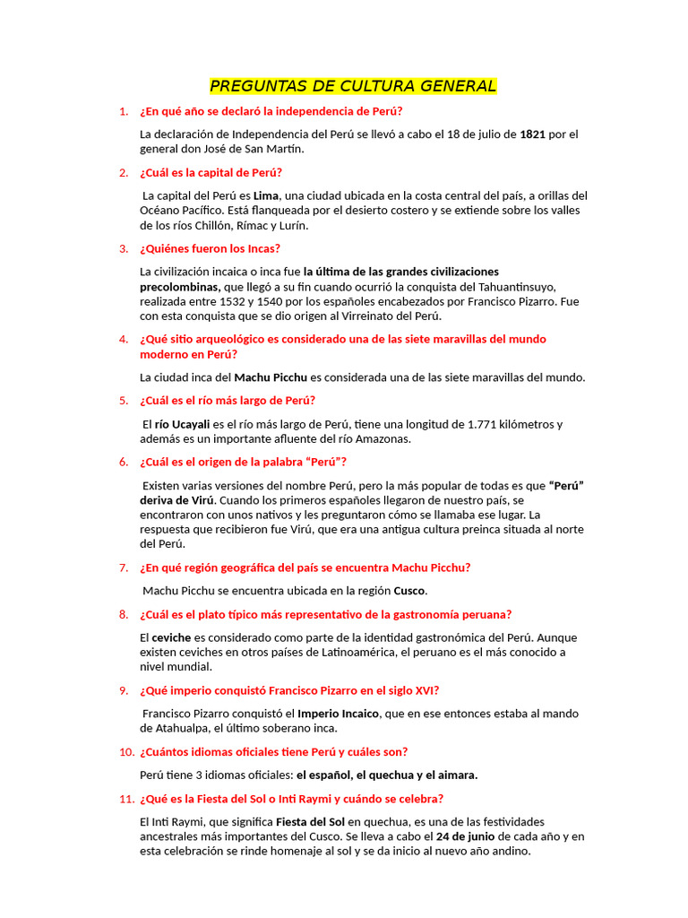 PREGUNTAS DE CULTURA GENERAL | PDF | Perú | Imperio Inca