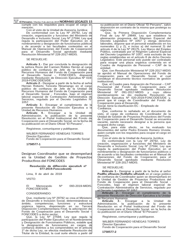 Designaciones en FONCODES 2019 | PDF | Minería | Perú