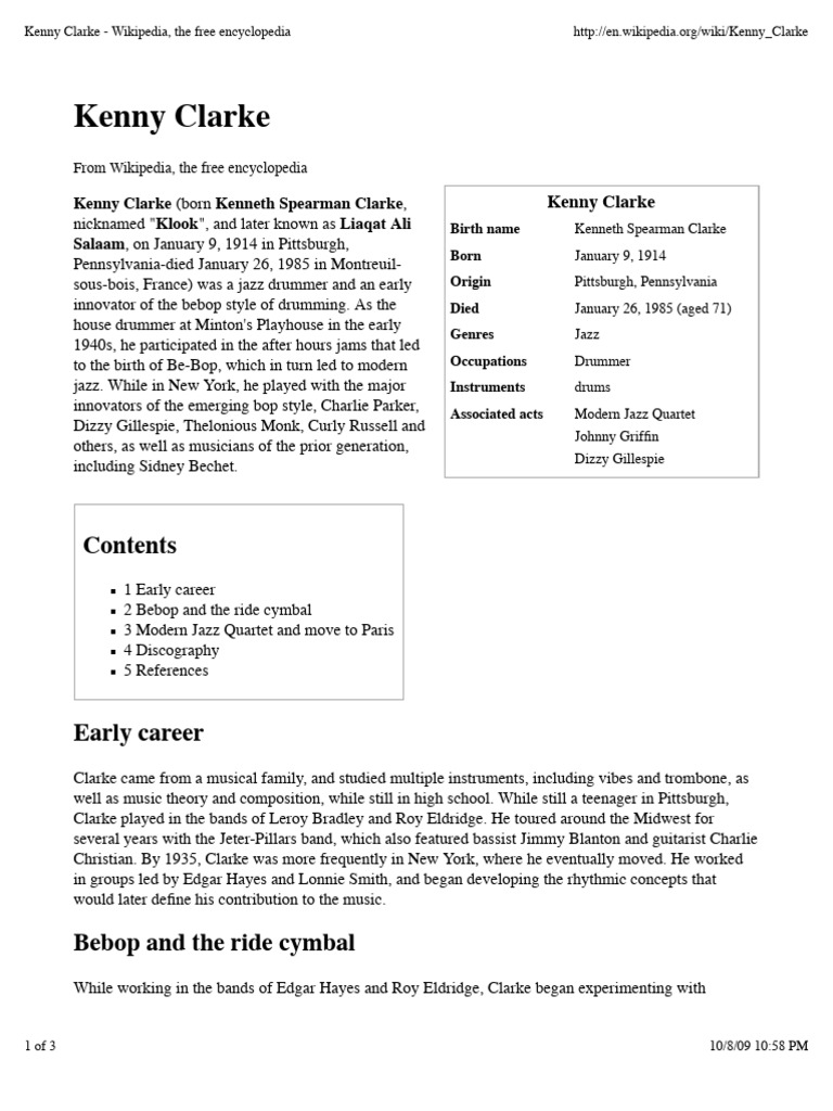 Kenny Clarke - Wikipedia, the free encyclopedia | PDF | American Styles ...