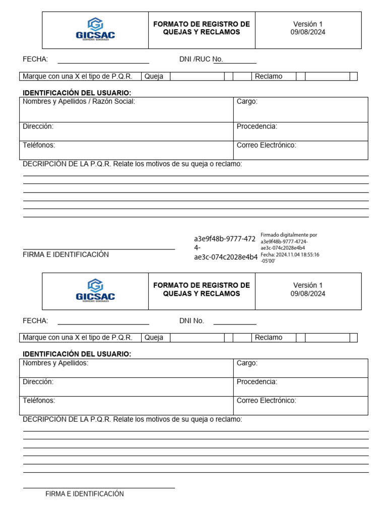 Formato de Registro de Quejas Reclamos - Gicsac | PDF