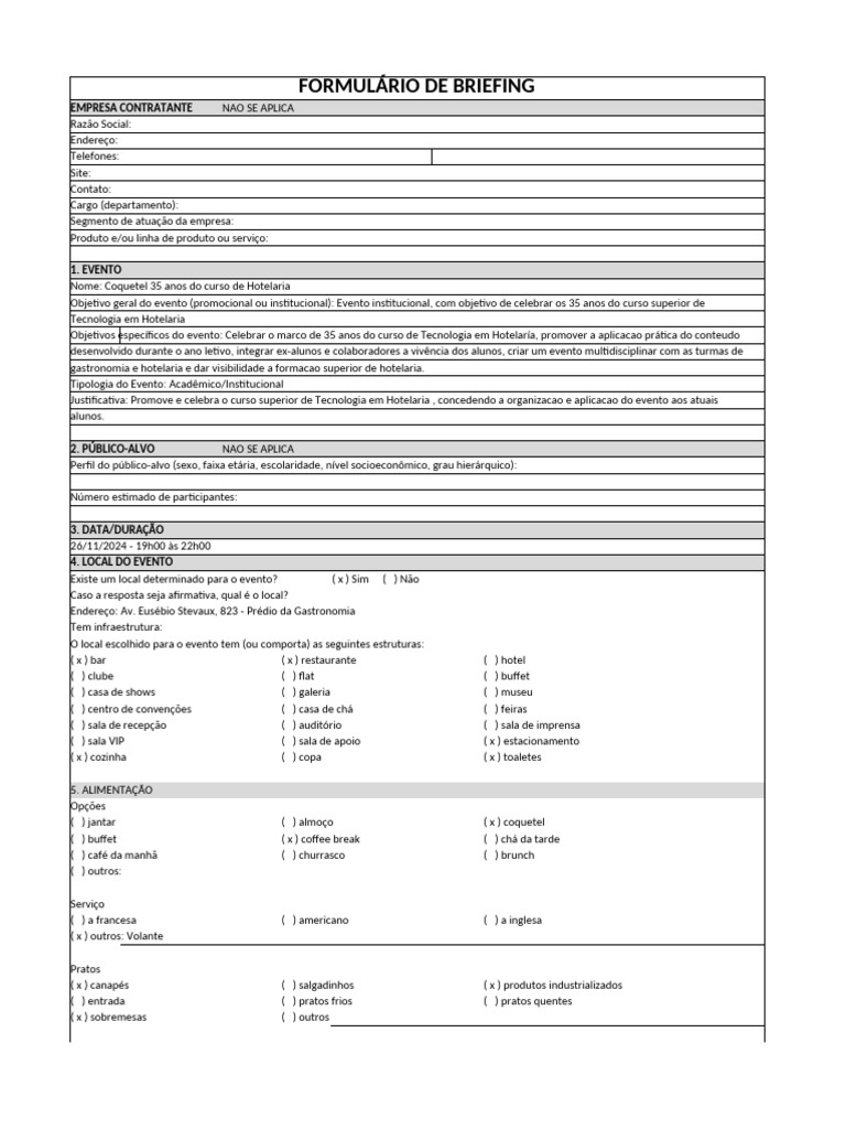 Formulário de Briefing - Modelo 2024 | PDF | Hotel | Vinhos