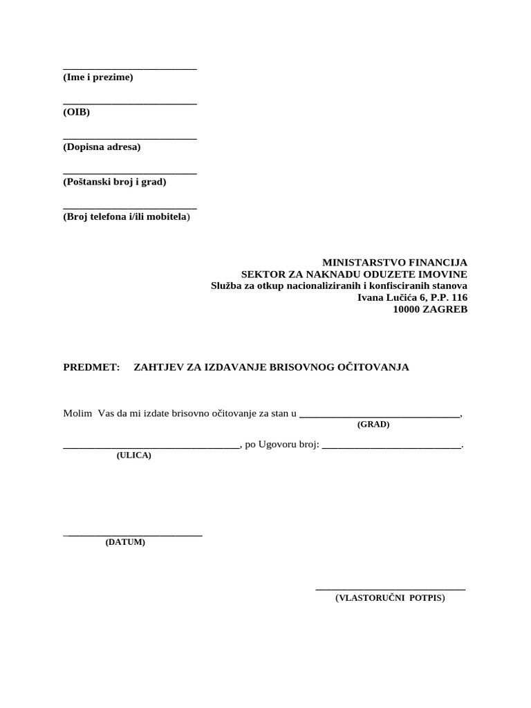 Zahtjev Za Izdavanje Brisovnog Ocitovanja | PDF
