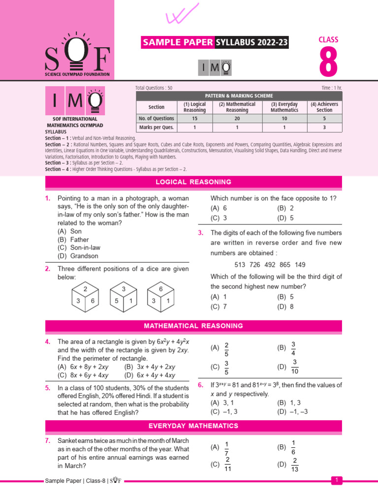 Imo Sample Paper Class-8 | PDF | Mathematics | Elementary Mathematics