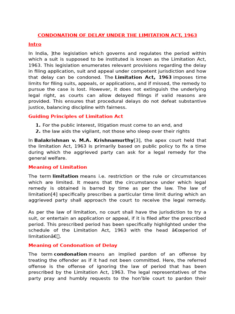 CONDONATION OF DELAY UNDER THE LIMITATION ACT | PDF | Lawsuit | Appeal
