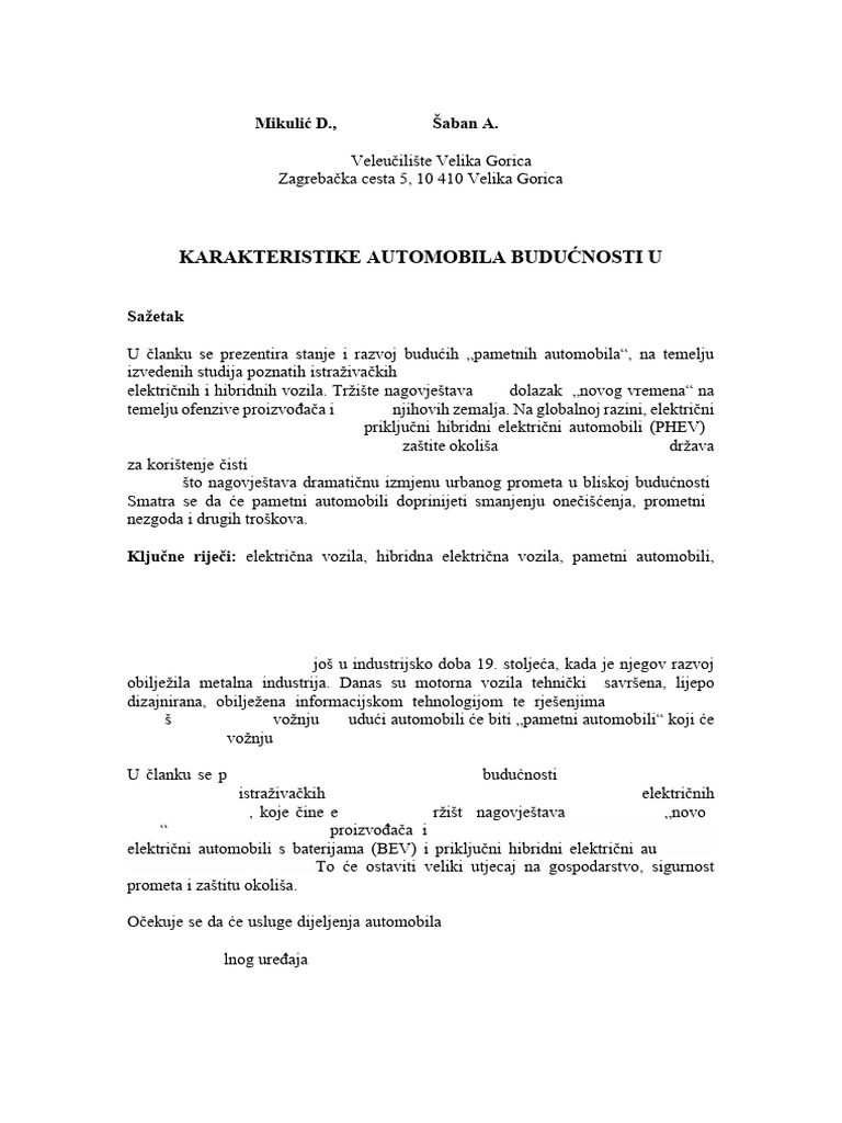 Karakteristike Automobila Budućnosti U | PDF