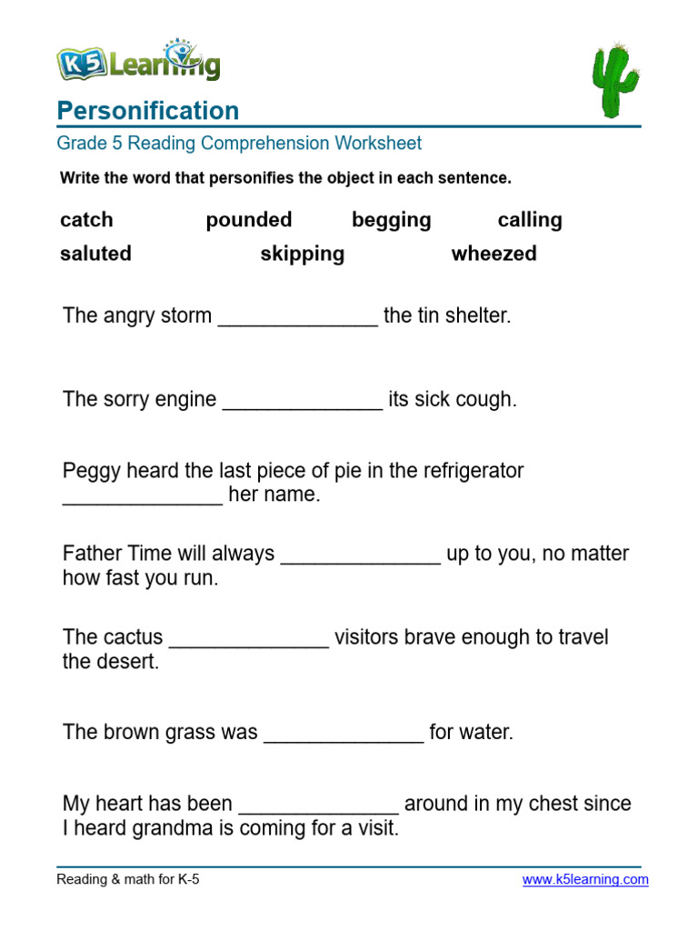Grade 5 Personification Worksheet | PDF