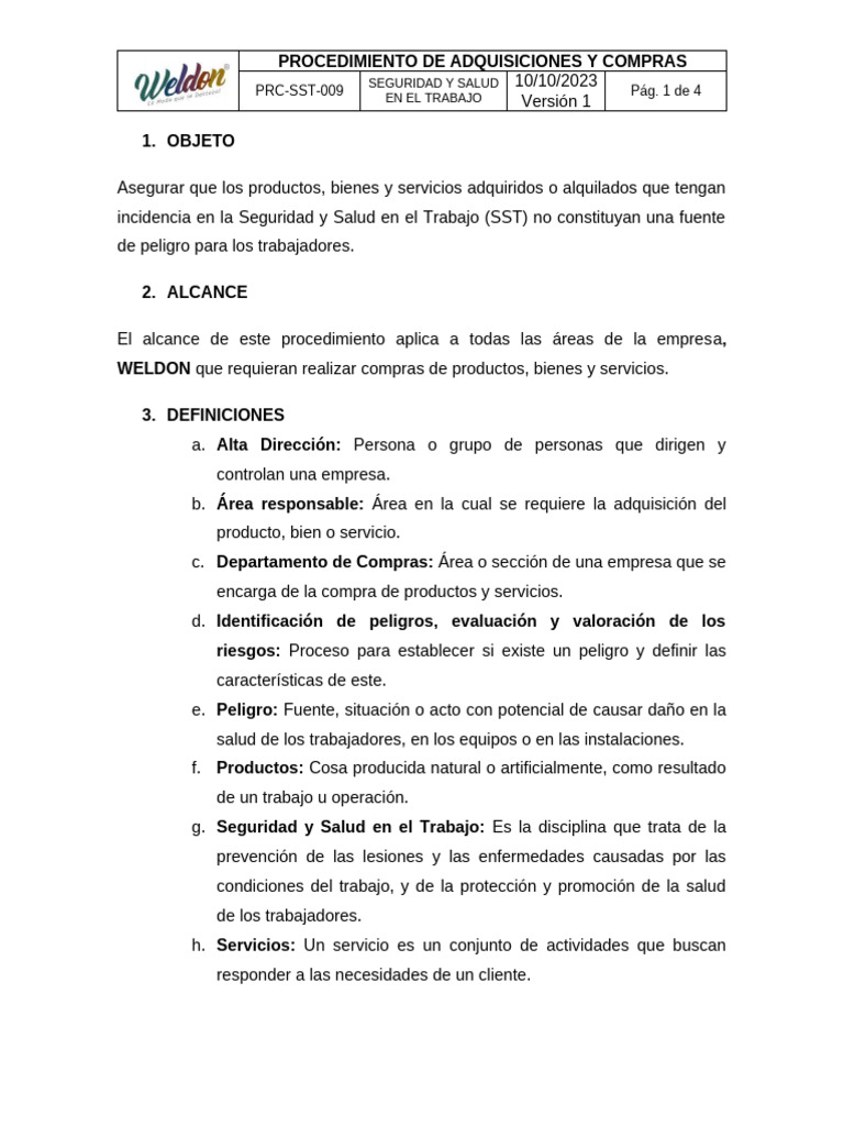 PRC-SST-009 Procedimiento de Adquisiciones y Compras | PDF | Business | Valores
