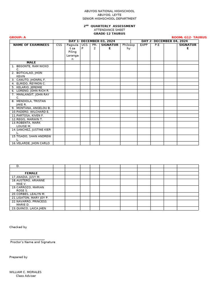 G12-TAURUS ATTENDANCE SHEET EXAM | PDF