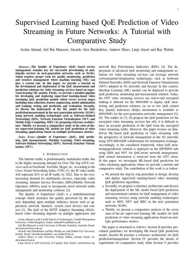 Supervised Learning Based QoE Prediction-2022 | PDF | Computer Network | Machine Learning