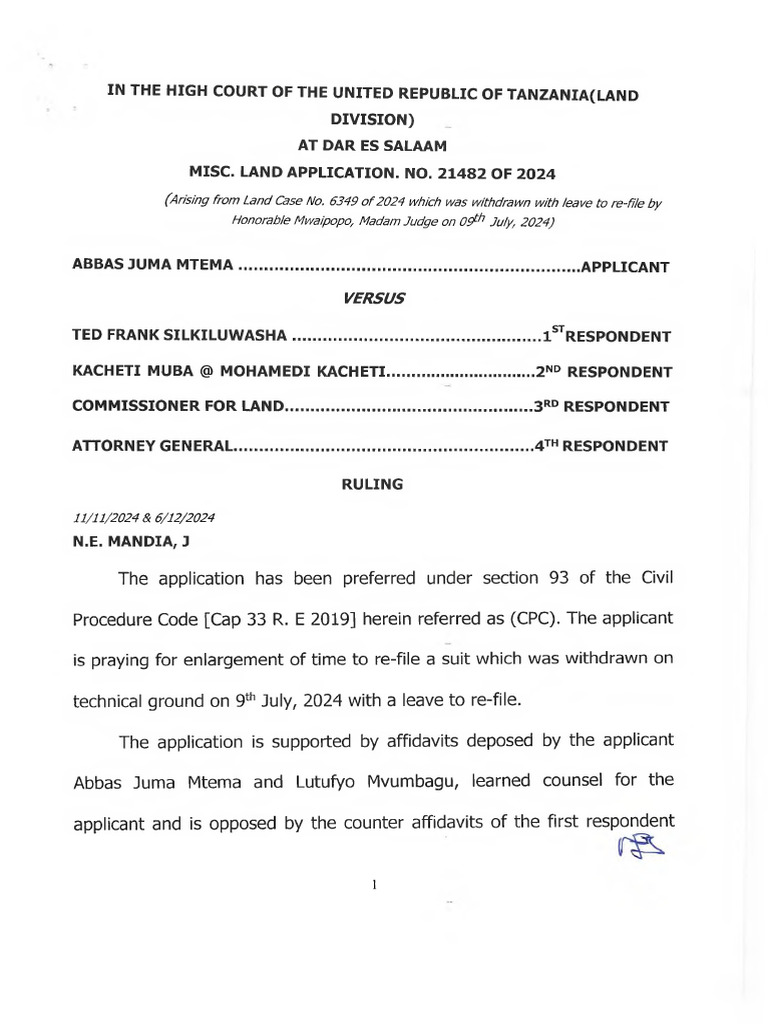 Abbas Juma Mtema Vs Ted Frank Silkluwasha 3 Others (Misc Land ...