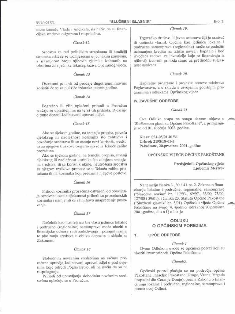 Odluka o Općinskim Porezima | PDF