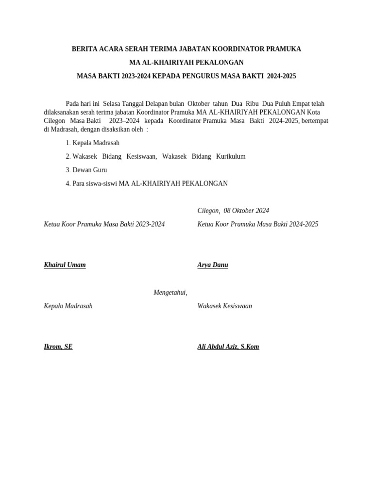 Berita Acara Serah Terima Jabatan Koordinator Pramuka | PDF