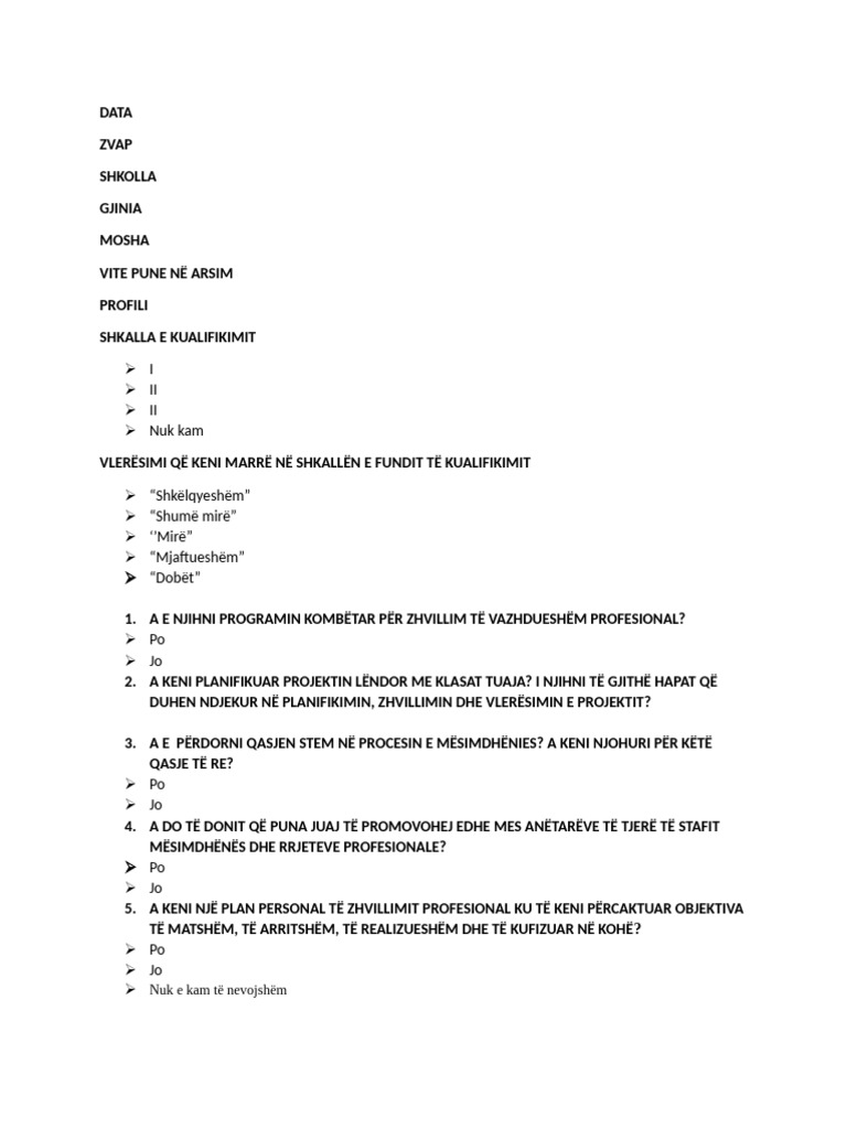 Pyetesor Identifikimi I Nevojave Për Zhvillim Profesional Të Punonjësve ...