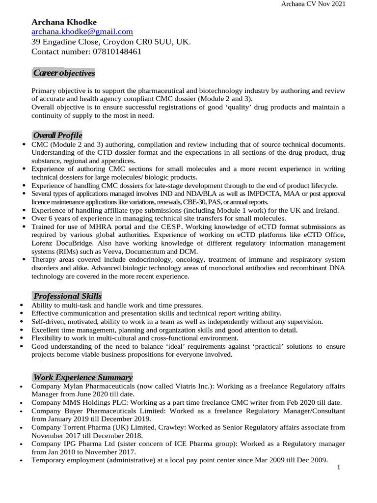 Archana CV Nov 2021 | PDF | Biopharmaceutical | Food And Drug ...