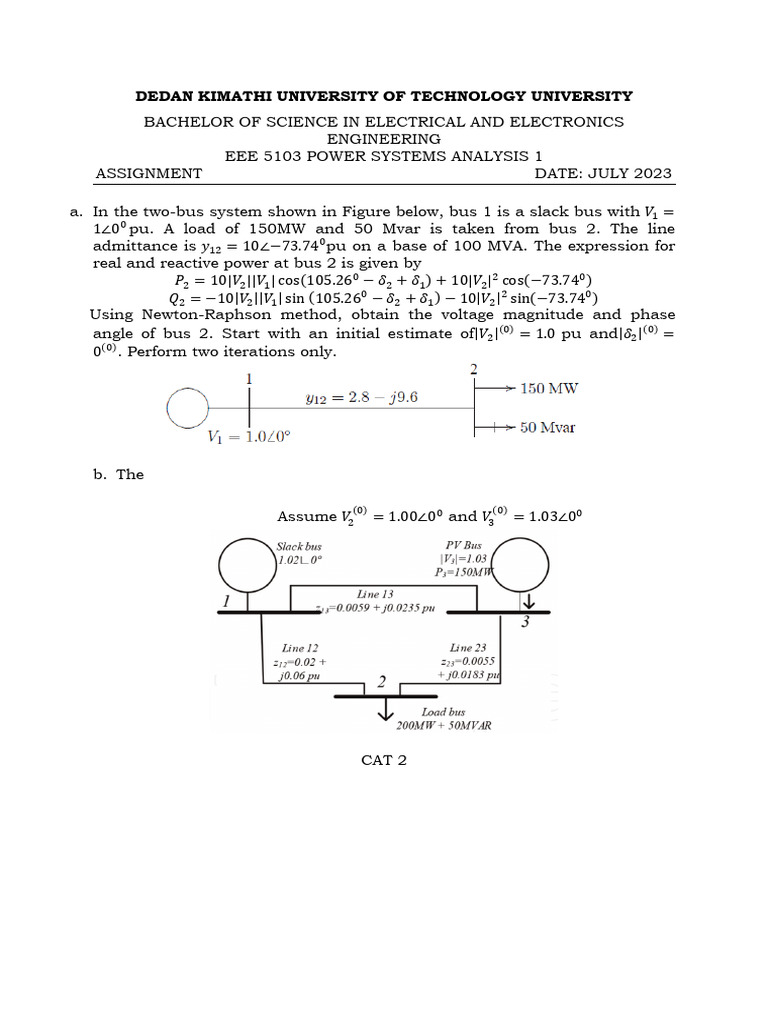 EEE 5103 Power Systems Analysis 1 Assignment & CAT 2 | PDF
