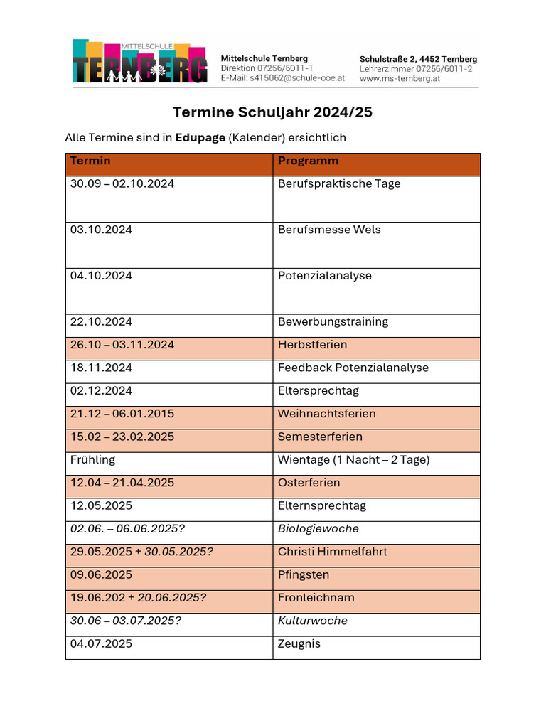 Termine Schuljahr 2024 - 4A | PDF