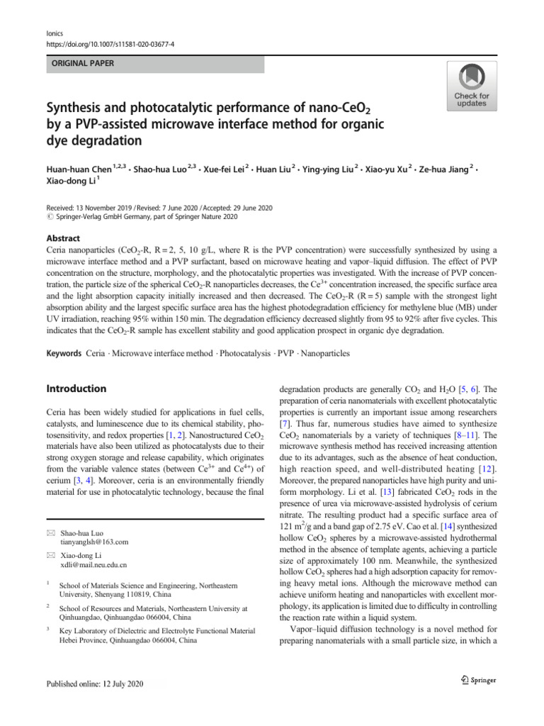 Synthesis and Photocatalytic Performance of Nano-CeO2 by A PVP-Assisted ...