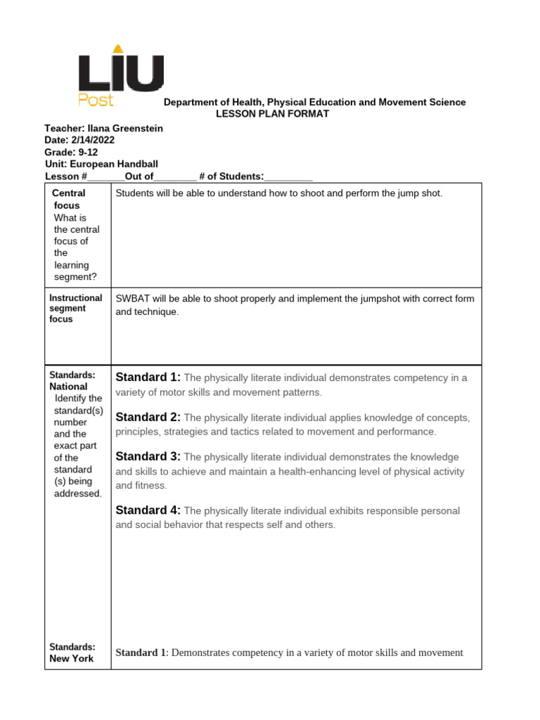 Team Handball Lesson Plan - Tech | PDF | Lesson Plan | Physical Education