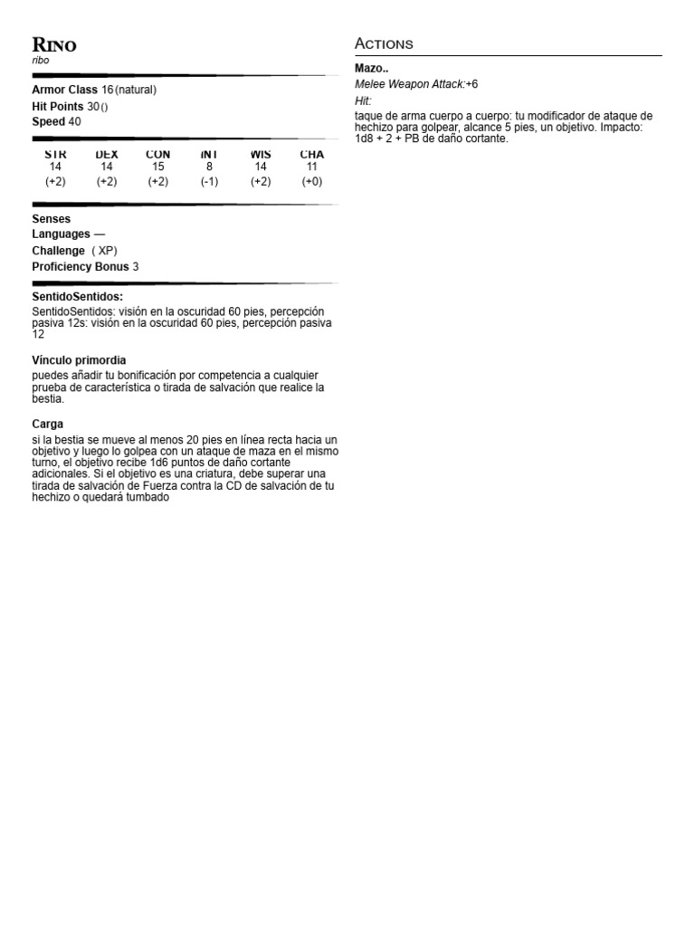 Estadísticas y habilidades del Rino en D&D | PDF