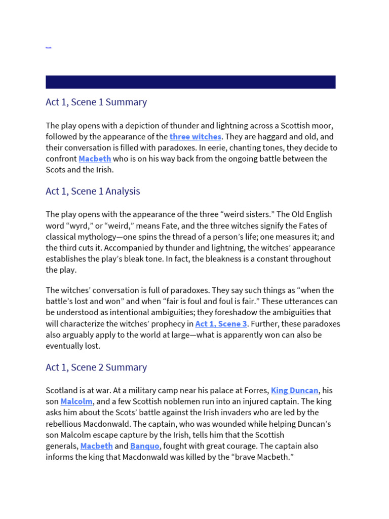 Macbeth Act by Act Summary and Analysis | PDF | Macbeth