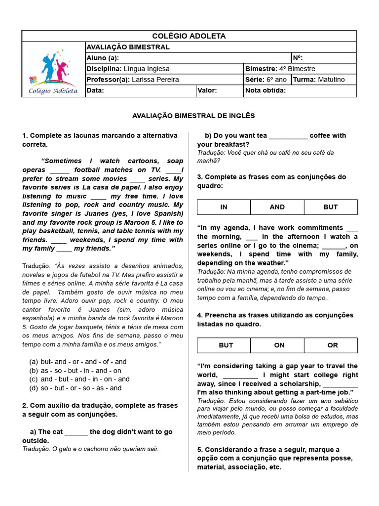 Avaliação Bimestral De Inglês Exercícios E Respostas Pdf 2759