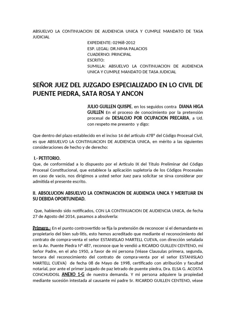 Absuelvo La Continuacion de Audiencia Unica y Cumple Mandato de Tasa Judicial | PDF | Esfera ...