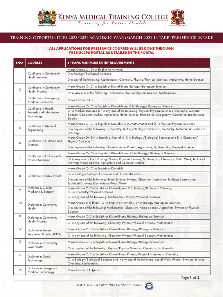 KMTC Pre Service Training Opportunities For 2023 2024 Academic Year March 2024 Intake 3 | PDF ...