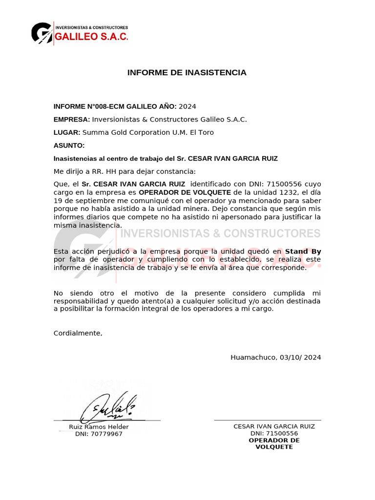 Informe de Inasistencia - Manuel Orlando | PDF