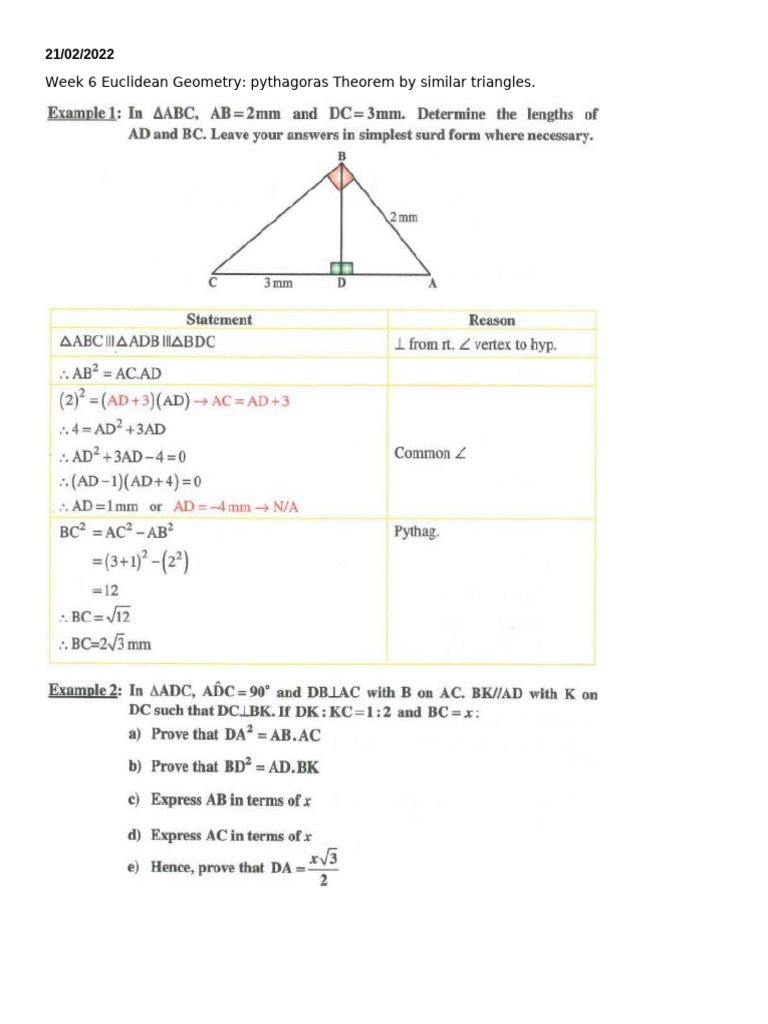 WEEK 6 Pythagorean Theorem by Similar Triangles | PDF