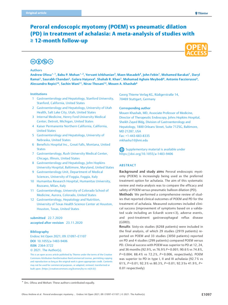 Peroral Endoscopic Myotomy (POEM) Vs Pneumatic Dilation | PDF ...