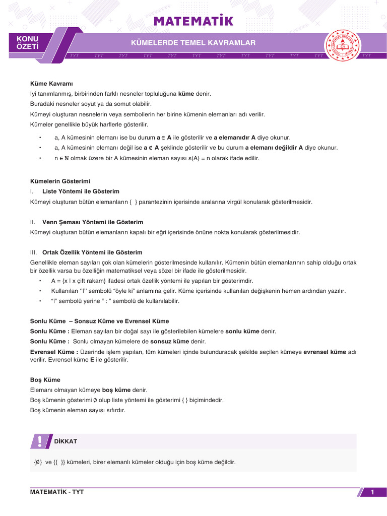 Matematik: Kümelerde Temel Kavramlar | PDF