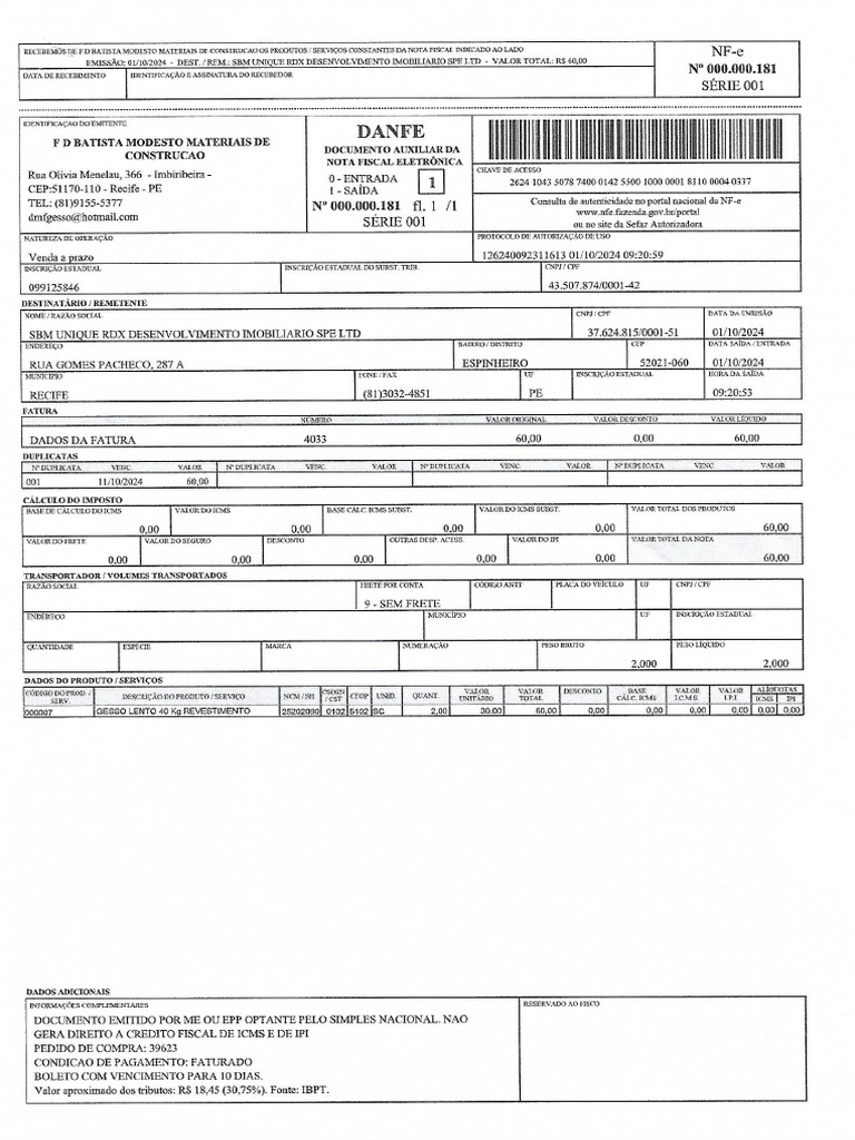 Nfe - 181 DMF Gesso+Boleto | PDF