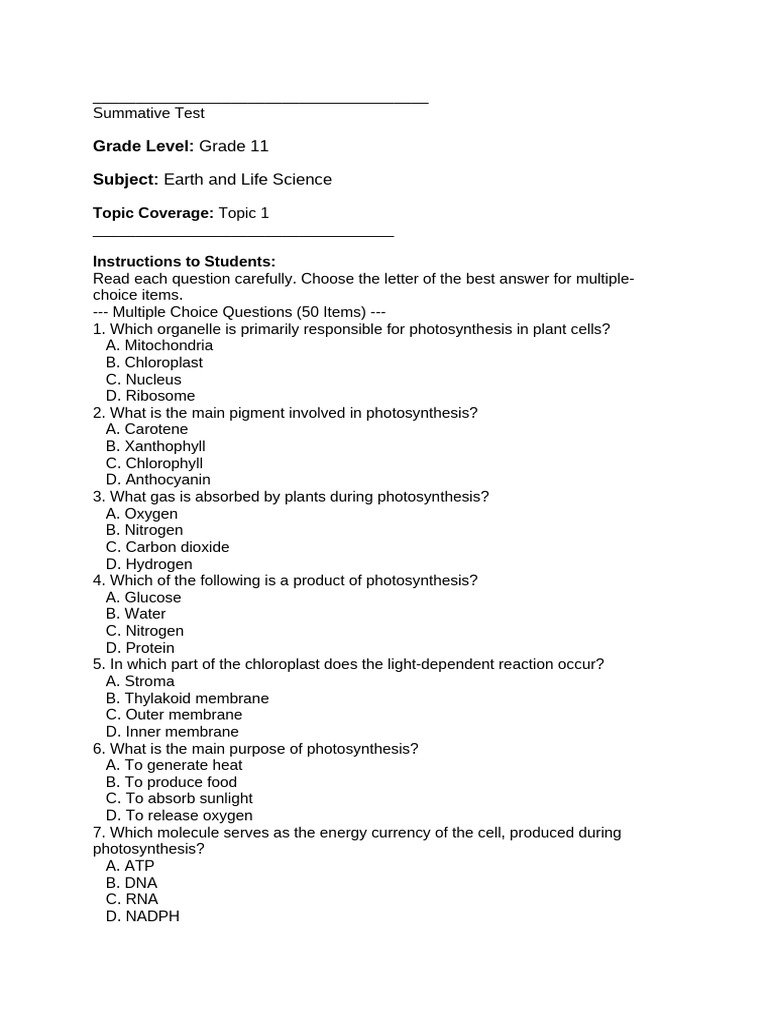 Grade 11 Photosynthesis Test Questions | PDF | Photosynthesis | Chloroplast