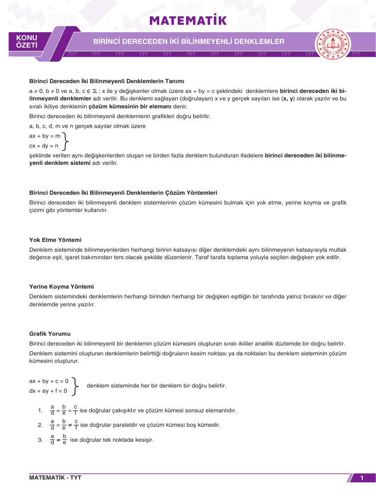 Matematik: Birinci Dereceden İki Bilinmeyenli Denklemler | PDF