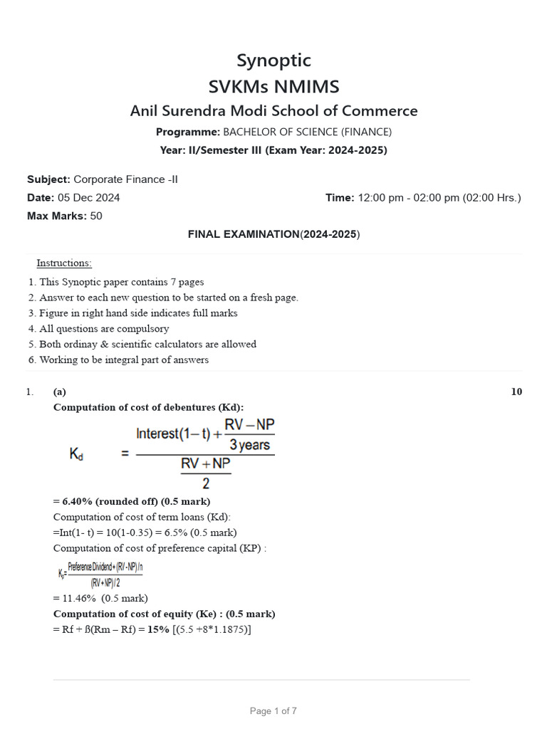 ANS_Final-Exam_Corporate Finance -II(742FI0C012)_Semester III_2024-2025 | PDF | Dividend | Cost ...