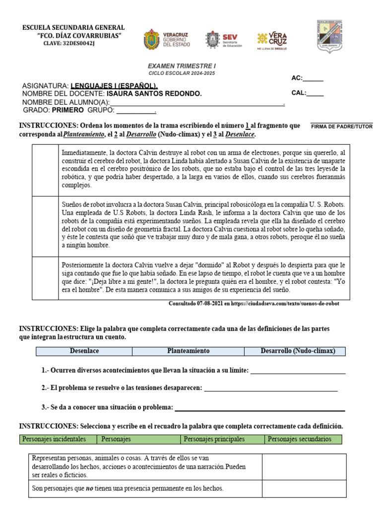 Examen Lengua I: Estructura de Cuentos | PDF