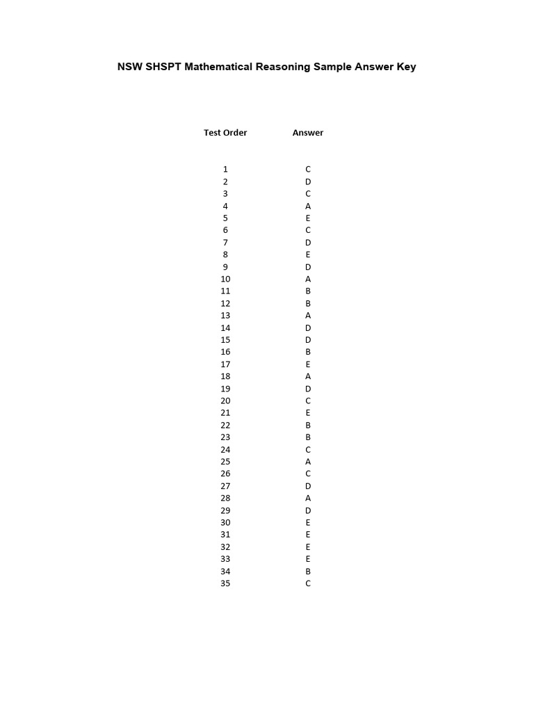 NSW SHSPT Math Reasoning Answer Key | PDF