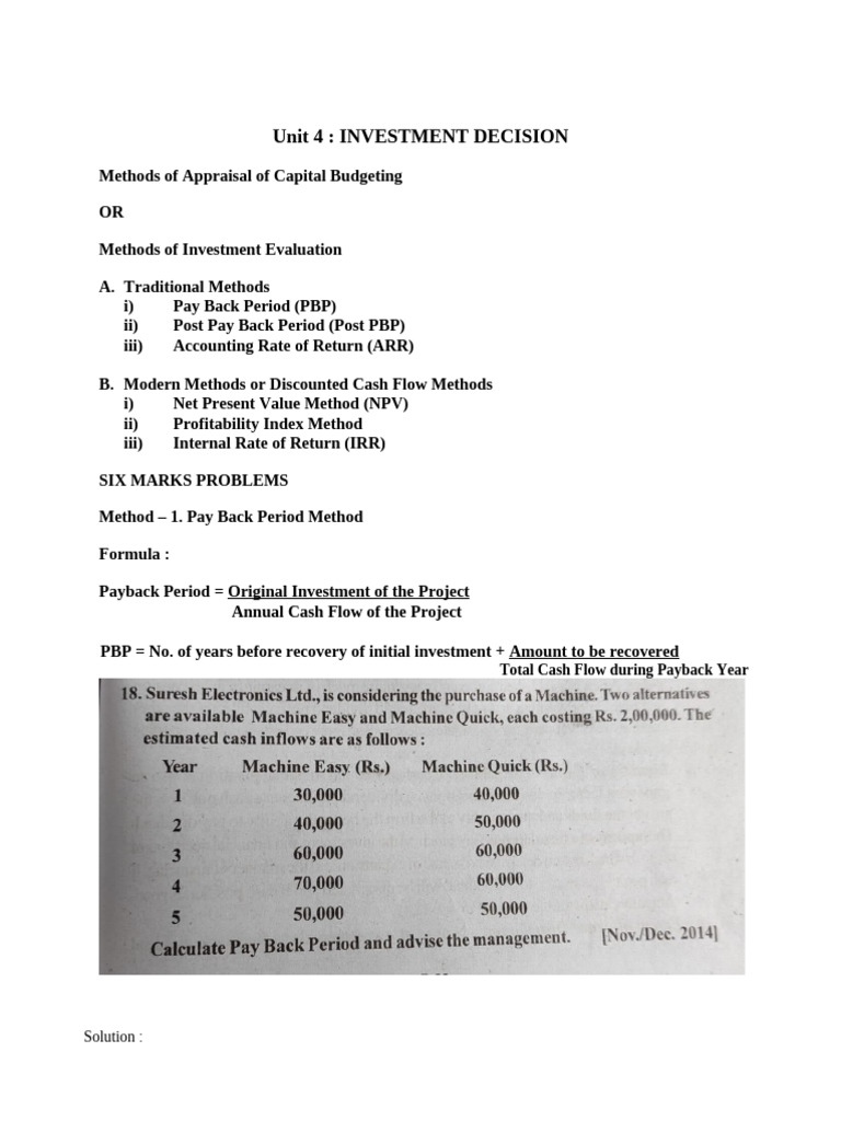 FM Unit 4 Investment Decision Problems | PDF | Net Present Value | Internal Rate Of Return