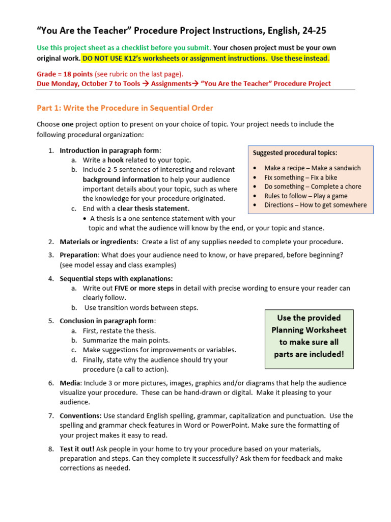 You Are The Teacher Procedure Project Instructions 24-25 | PDF | Essays ...