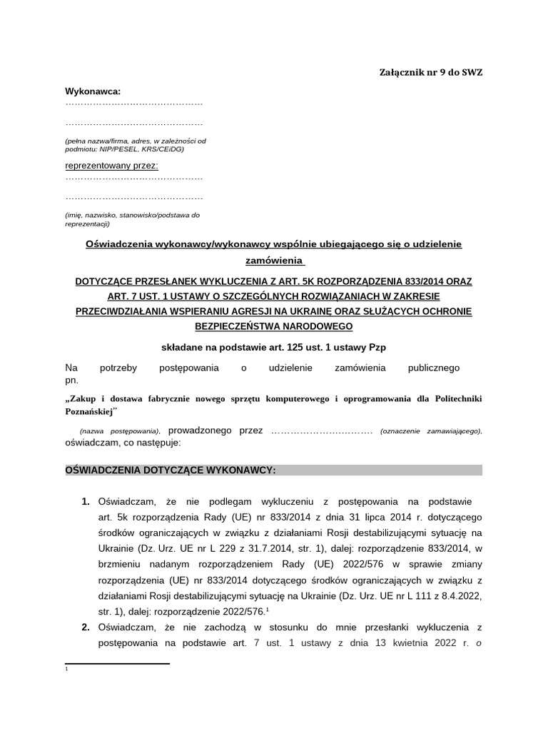 Za Cznik NR 9 Oswiadczenia-Wykonawcy-Wykonawcow | PDF